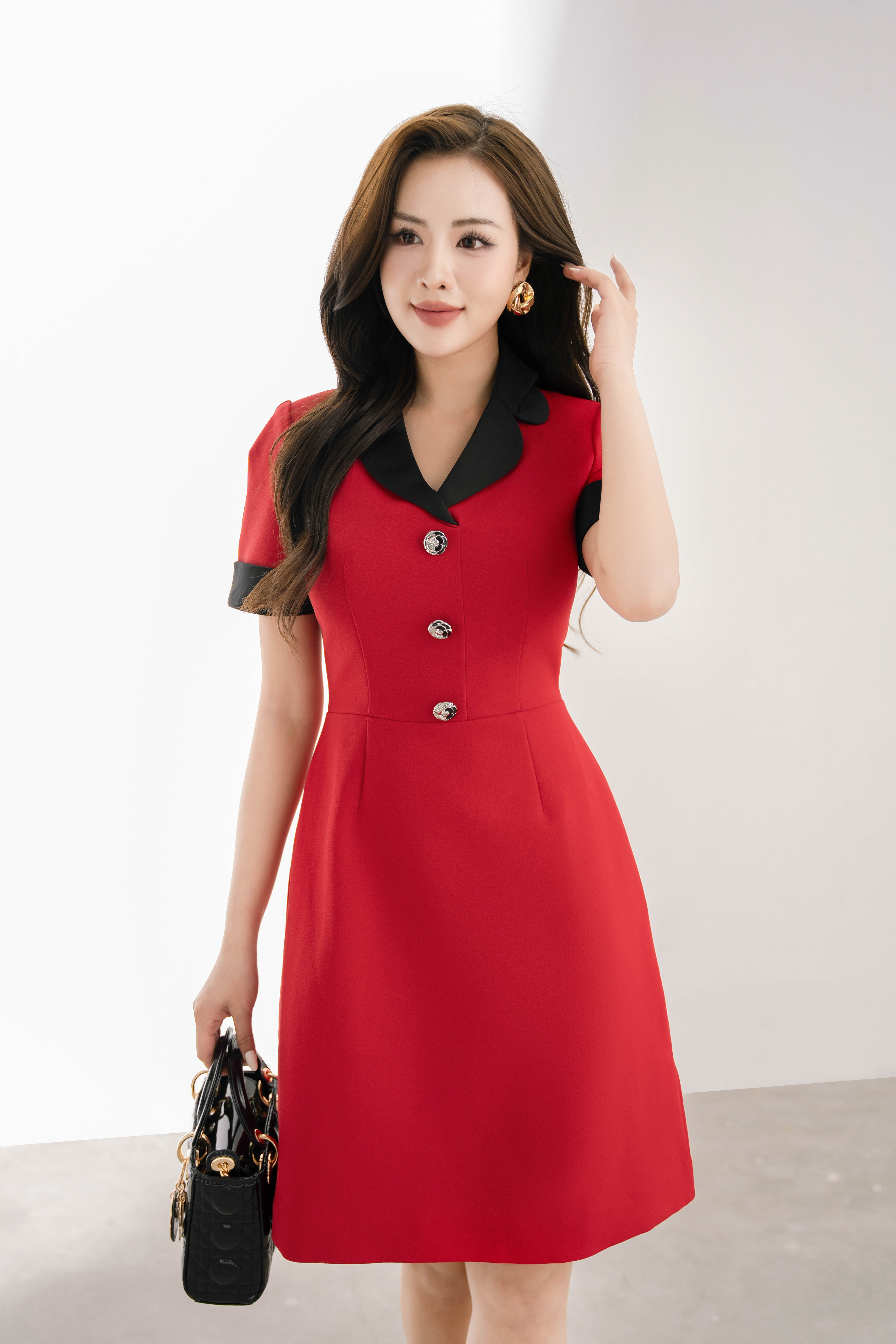 Váy Đầm - Red Revers Collar Mini Woven Dress
