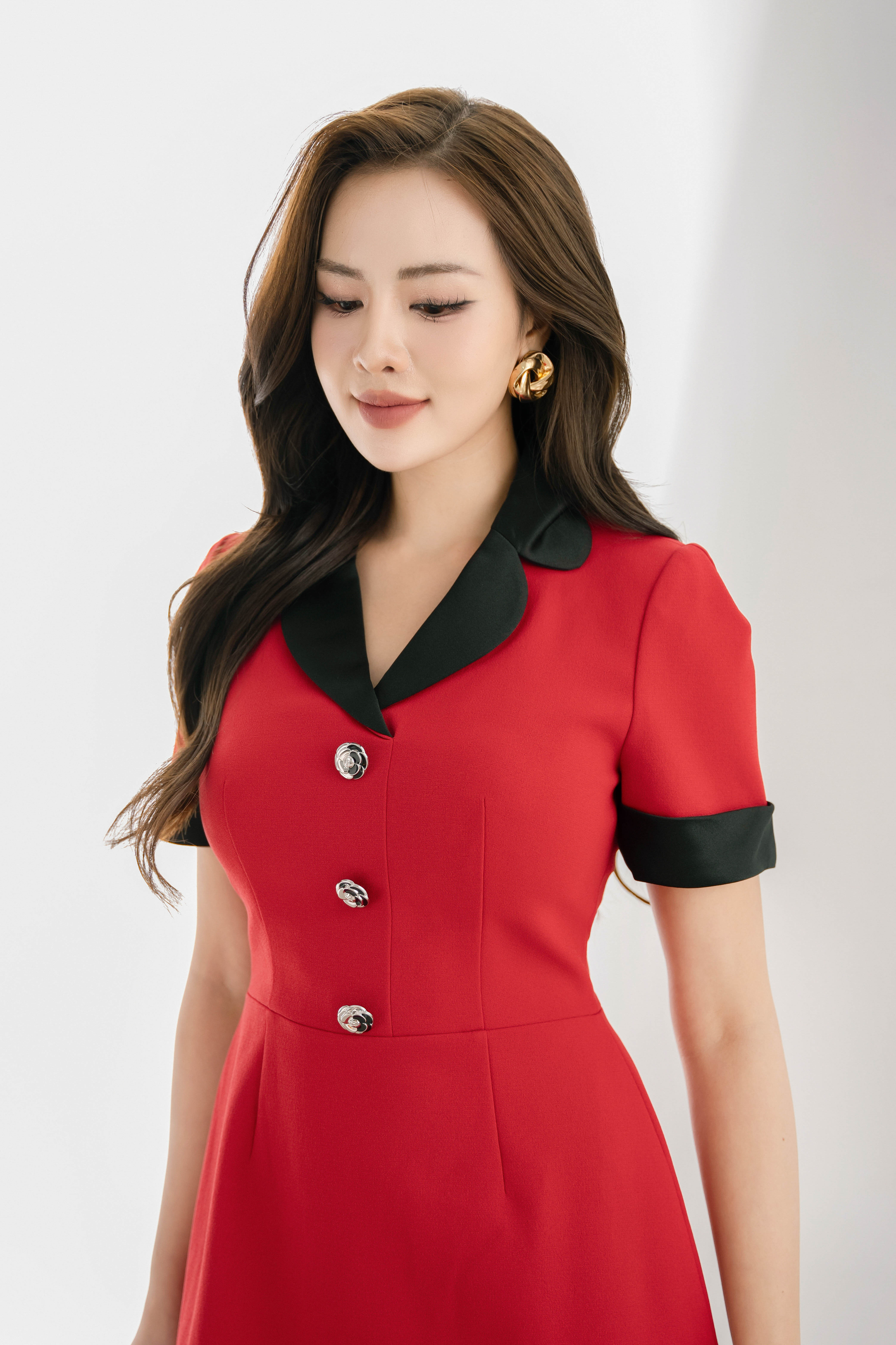 Váy Đầm - Red Revers Collar Mini Woven Dress