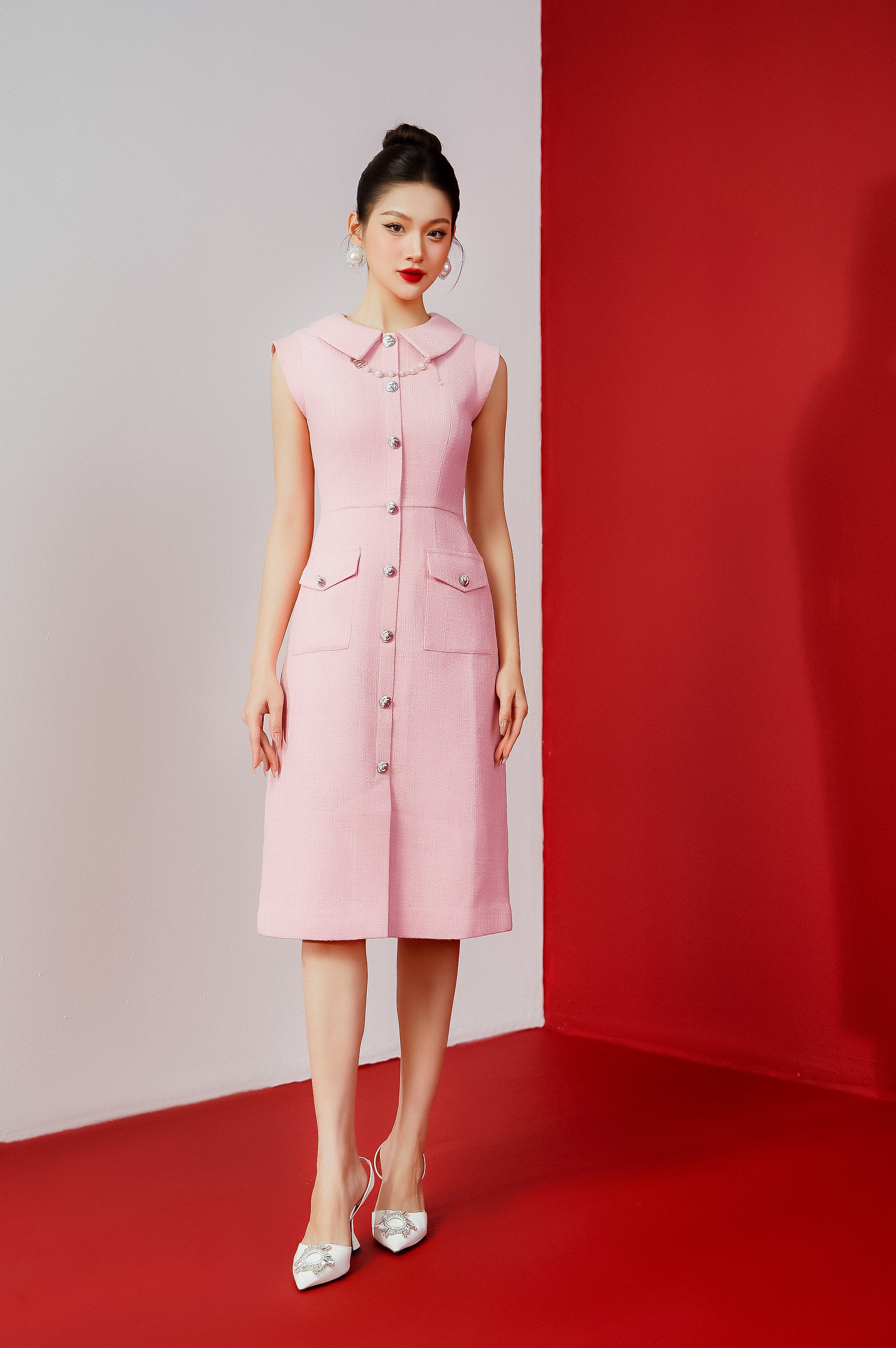 Váy Đầm - Light Pink Midi Tweed Dress