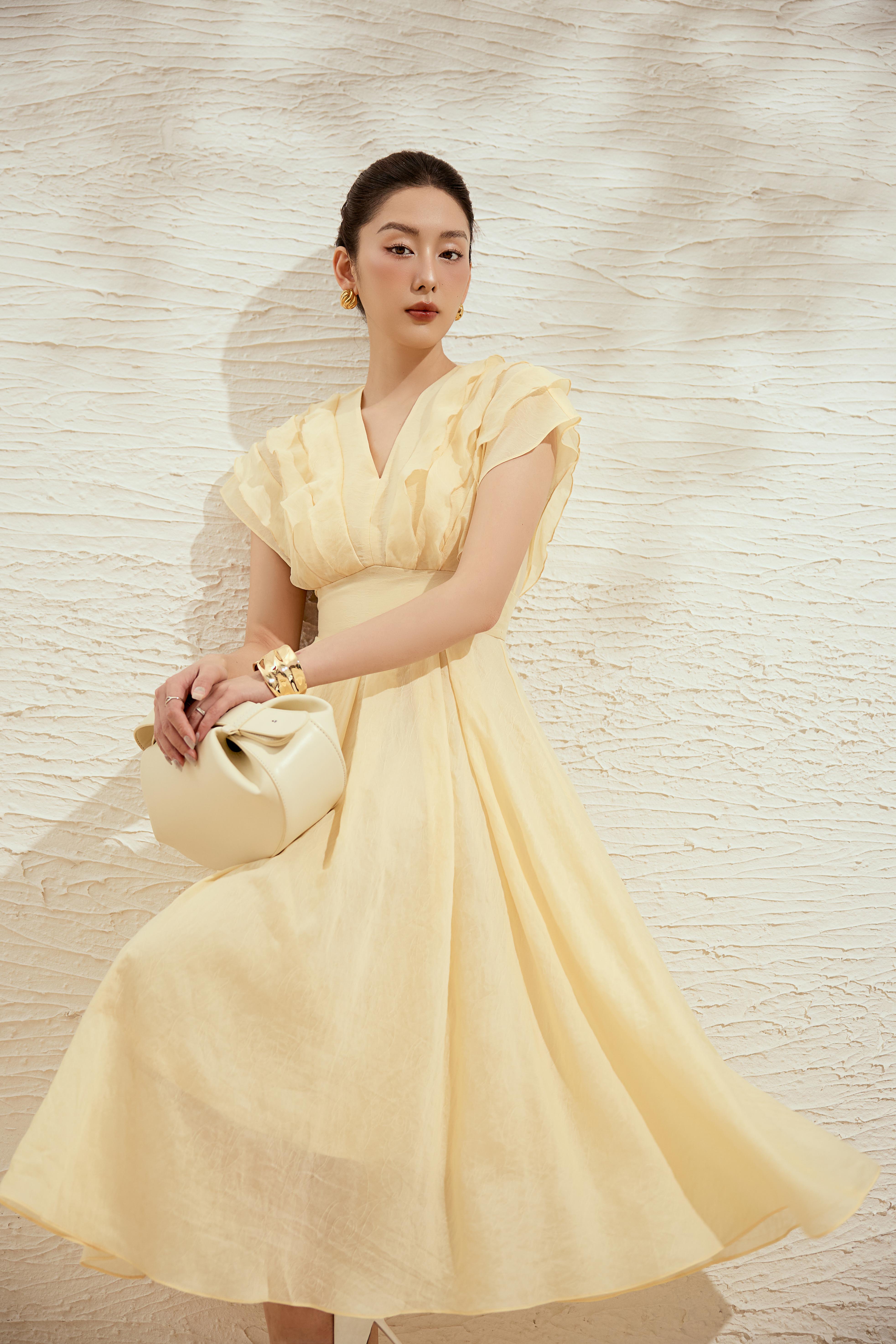 Váy Đầm - Light Yellow Organza Flared Dress