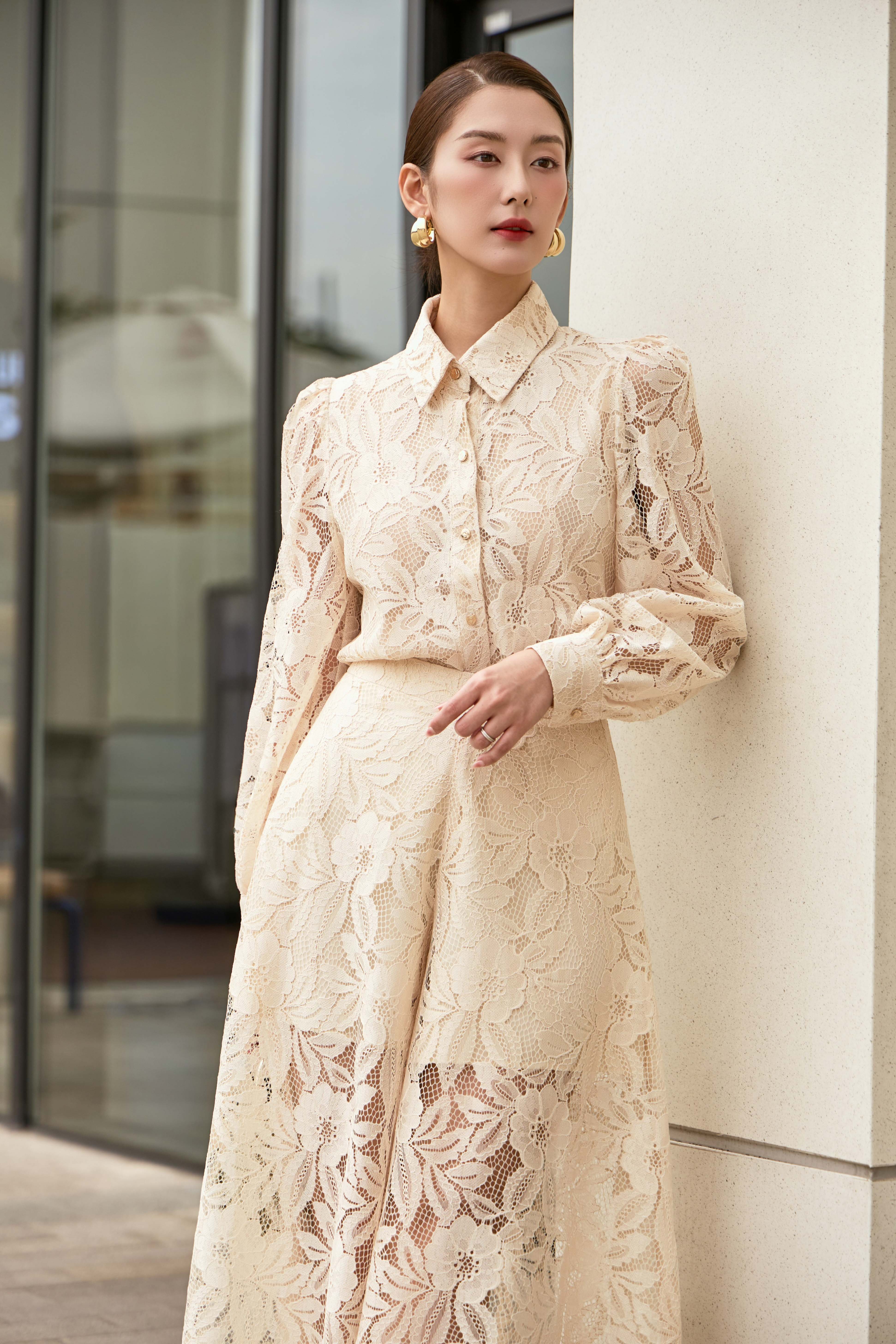 Quần nữ - Dark Cream Lace Loose Pants