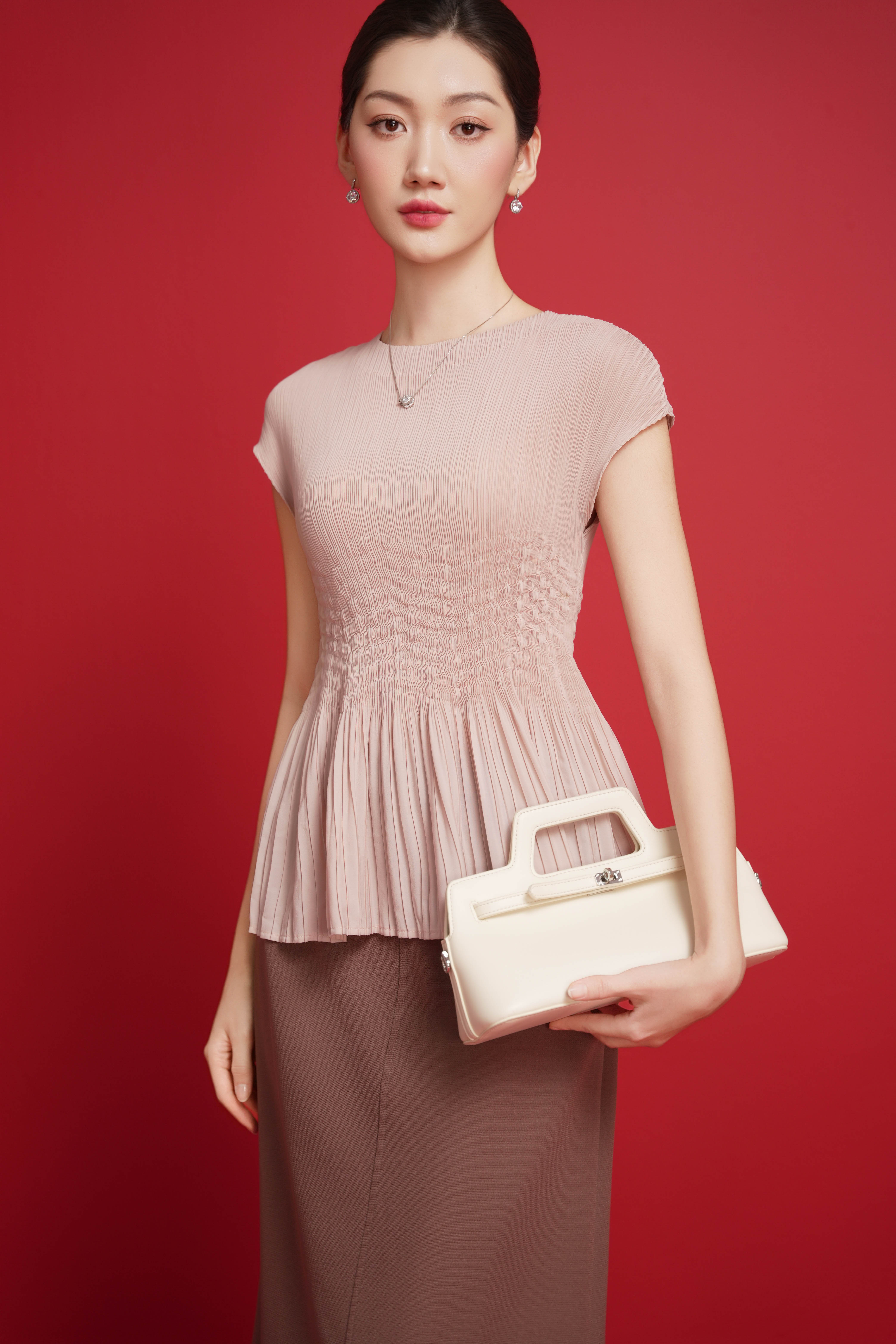 Áo nữ - Pink Skin Pleated Woven Blouse